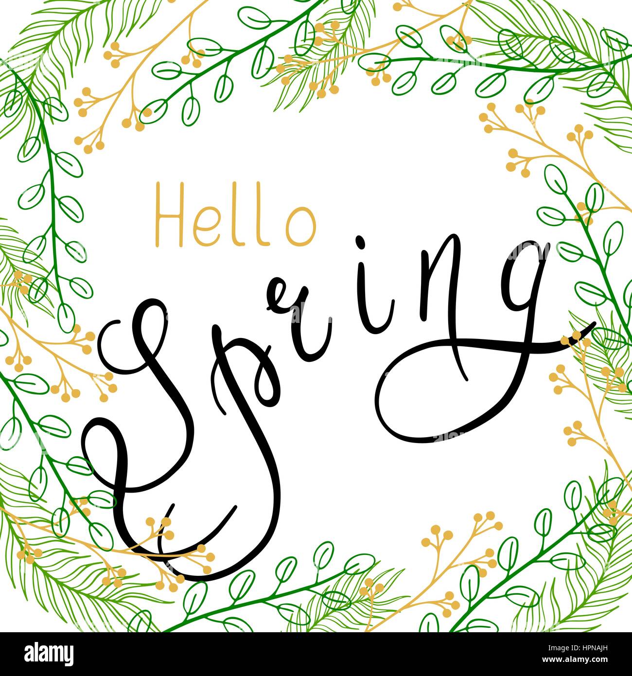 Spring illustration with handwritten text, leaves and branches Stock ...