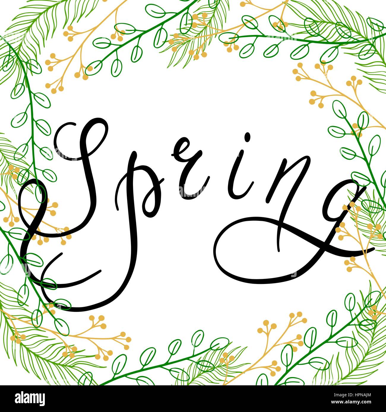 Spring illustration with handwritten text, leaves and branches Stock ...