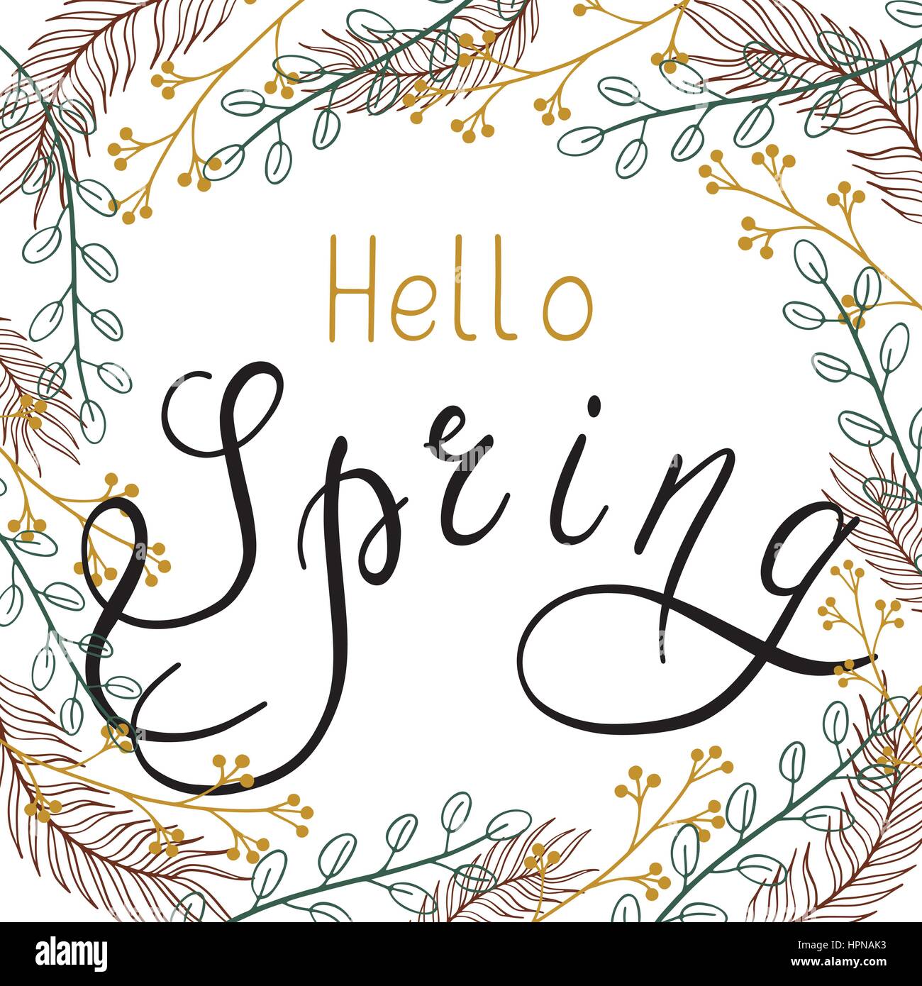 Spring illustration with handwritten text, leaves and branches Stock ...