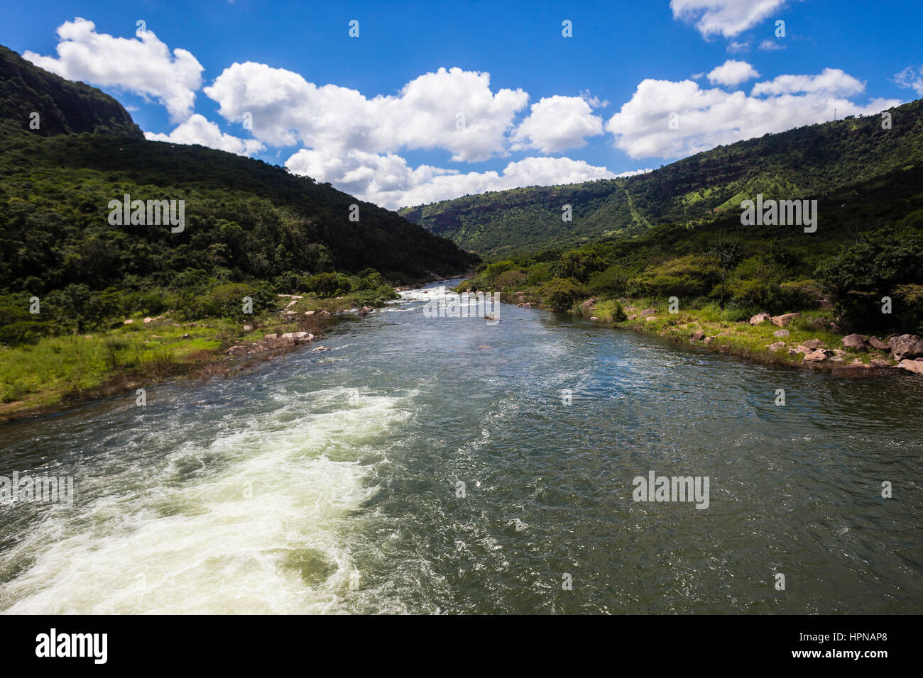 River water flowing downstream through summer tropical valley landscape ...