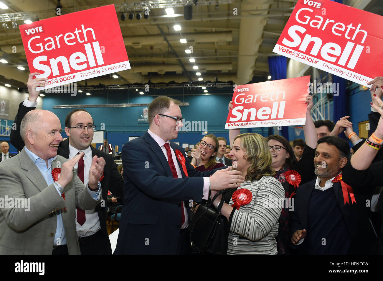Labour candidate Gareth Snell celebrates with his wife Sophia after ...