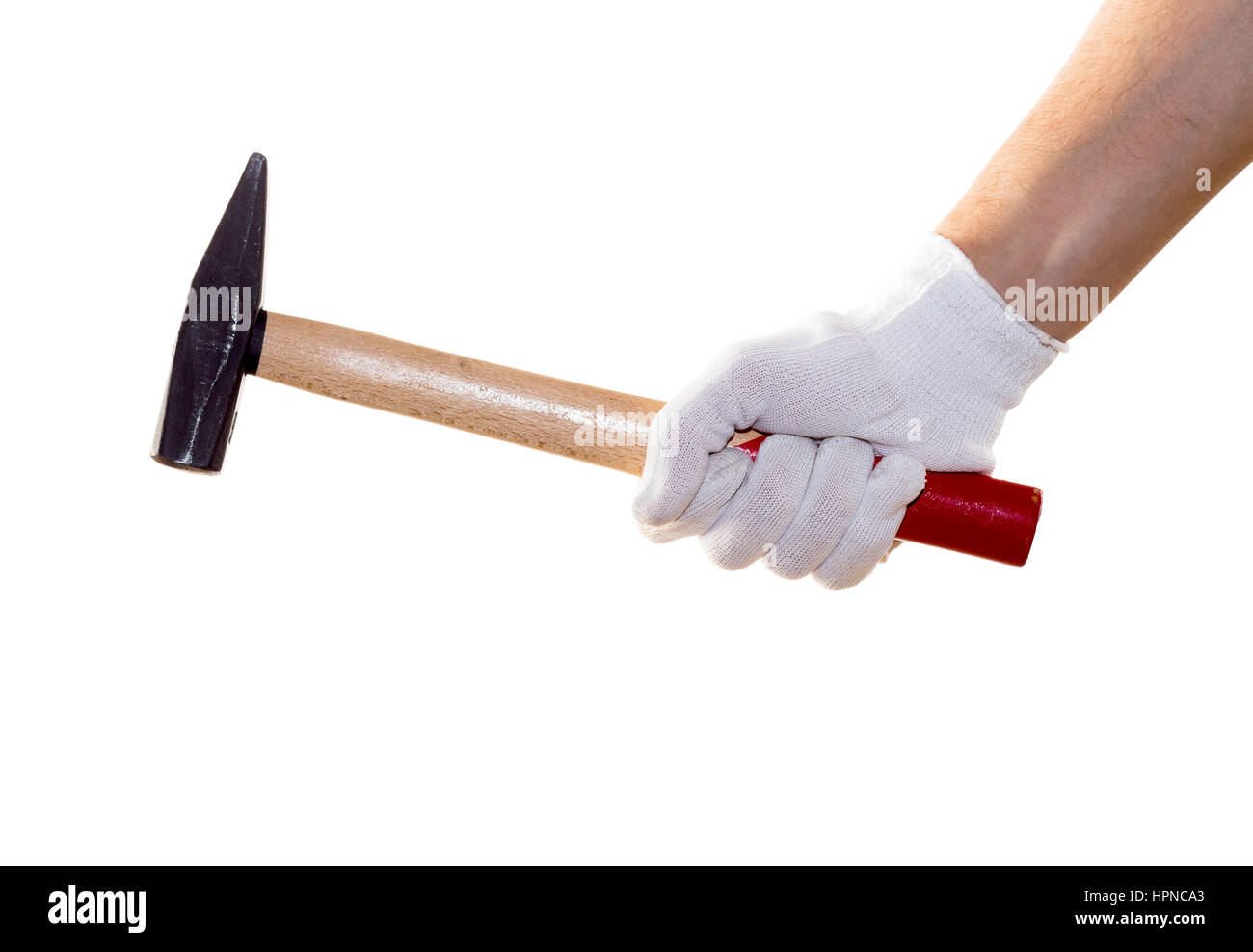 Hammer in hand isolated on white background. White gloves on hand ...
