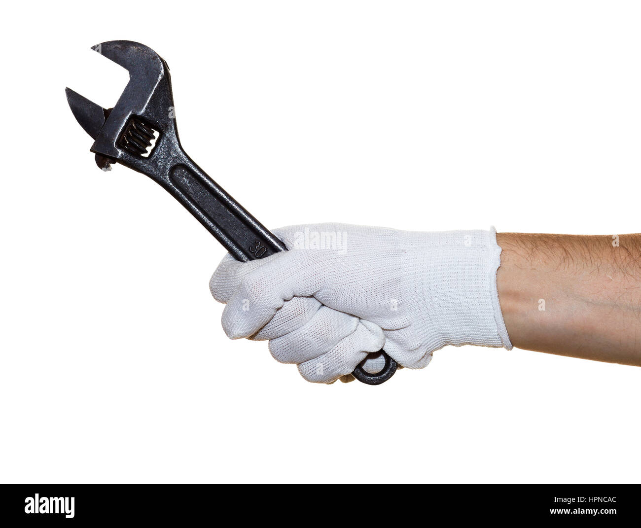 Wrench in hand on white background. Hands wearing white gloves Stock ...