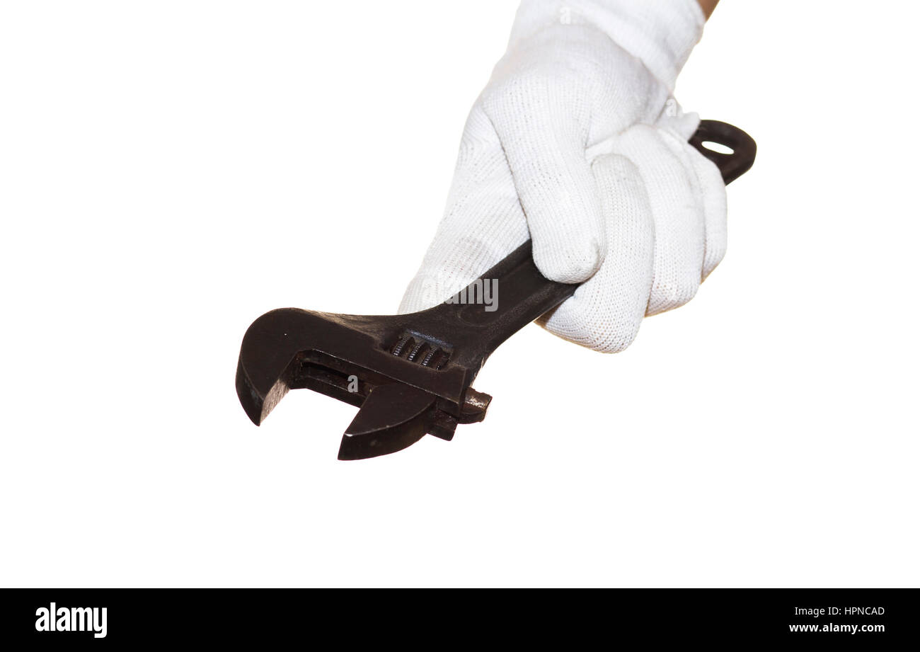 Hand hold wrench isolated on white background Stock Photo - Alamy