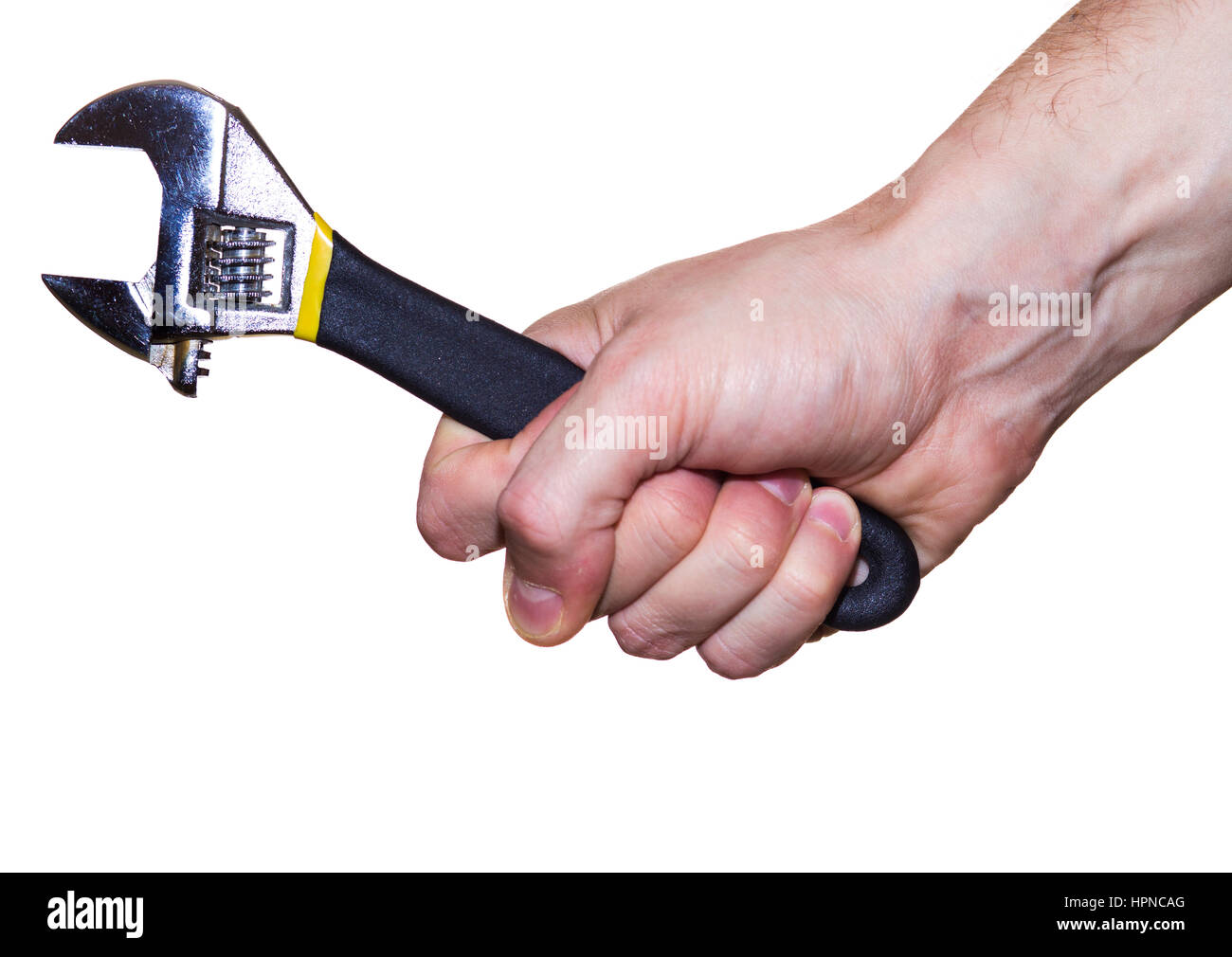 Hand with wrench isolated on white background Stock Photo - Alamy