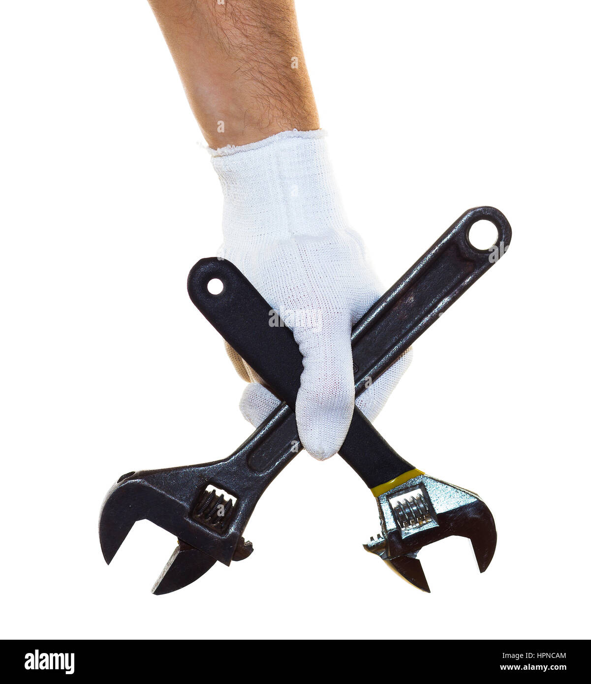 Two steel wrenches in hand isolated on white background Stock Photo - Alamy