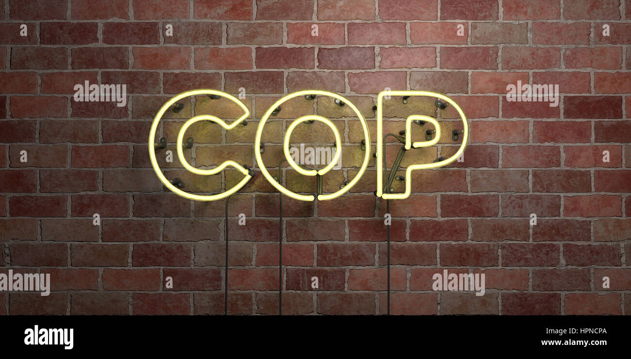 COP - fluorescent Neon tube Sign on brickwork - Front view - 3D ...