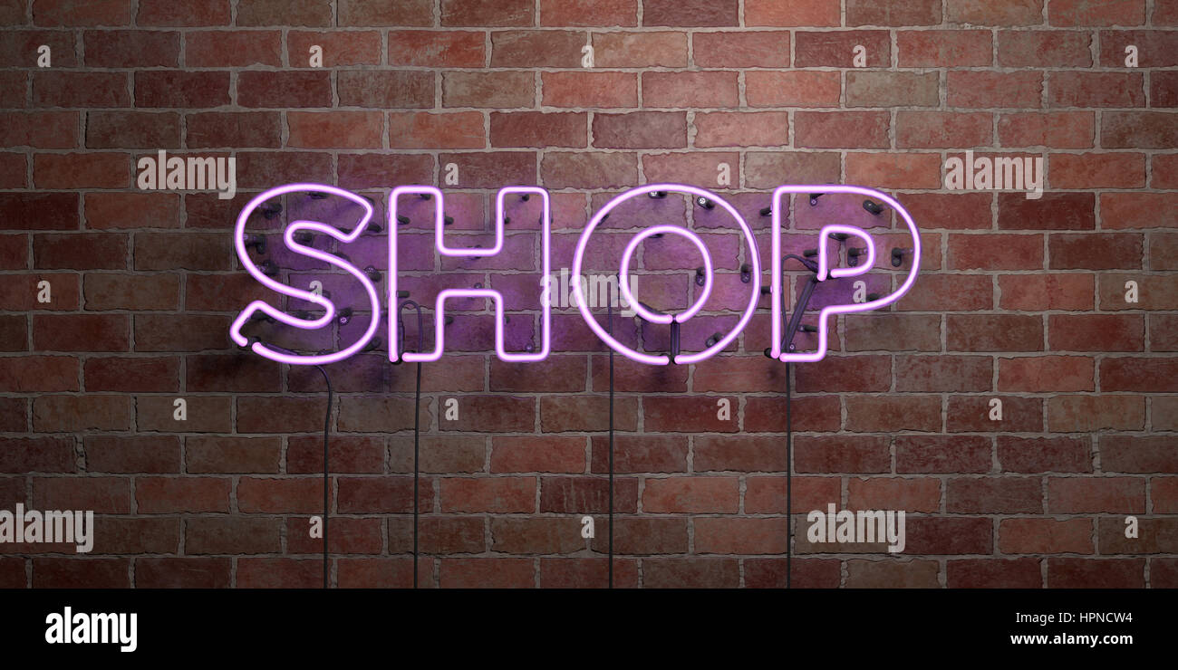 SHOP - fluorescent Neon tube Sign on brickwork - Front view - 3D ...