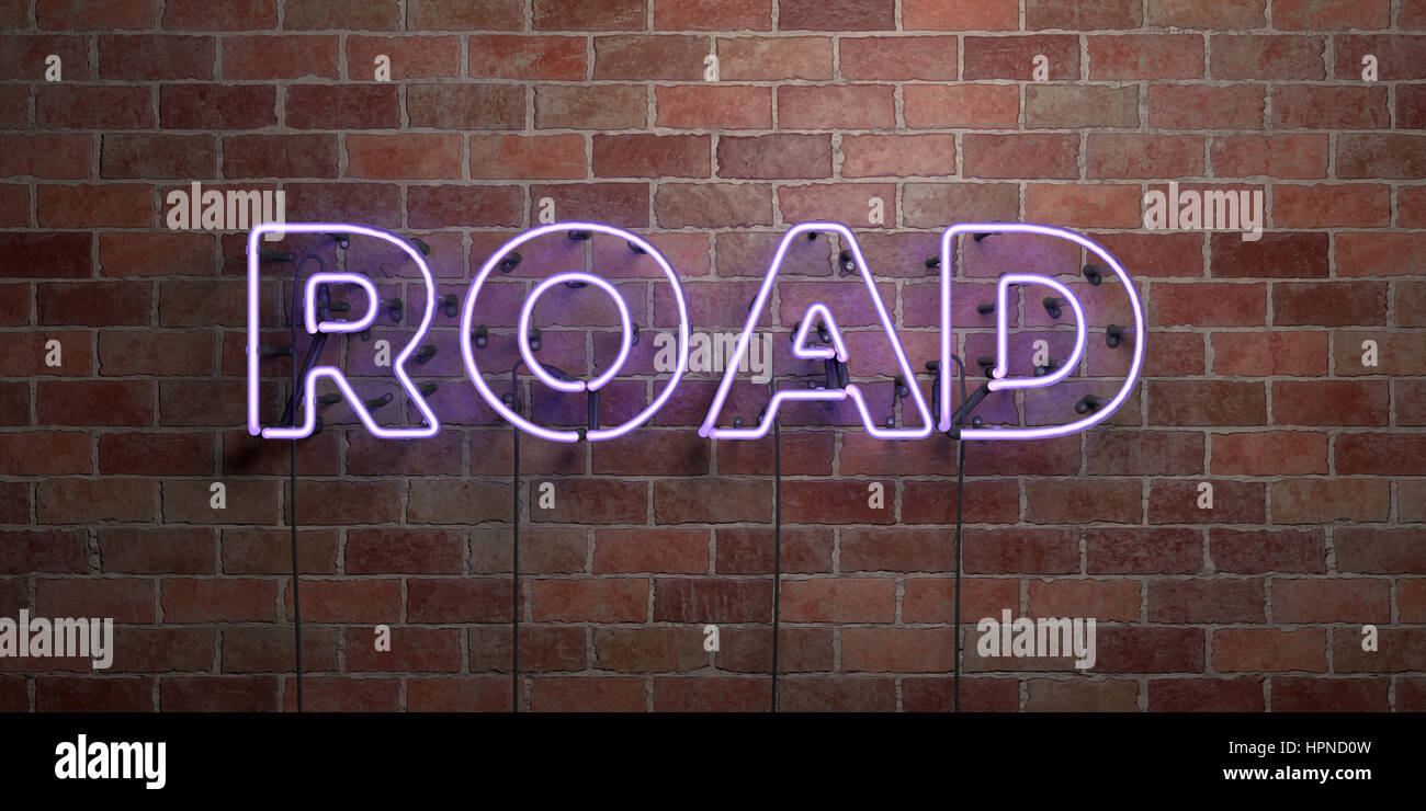 ROAD - fluorescent Neon tube Sign on brickwork - Front view - 3D ...