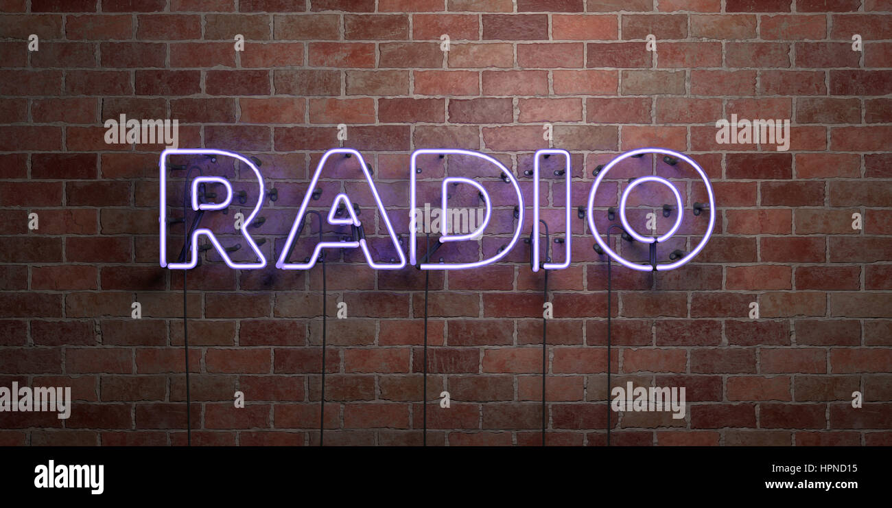RADIO - fluorescent Neon tube Sign on brickwork - Front view - 3D ...
