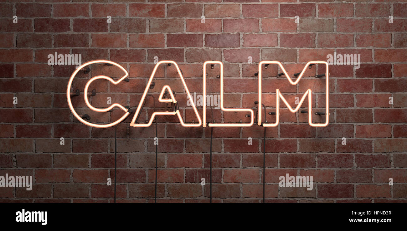 CALM - fluorescent Neon tube Sign on brickwork - Front view - 3D ...