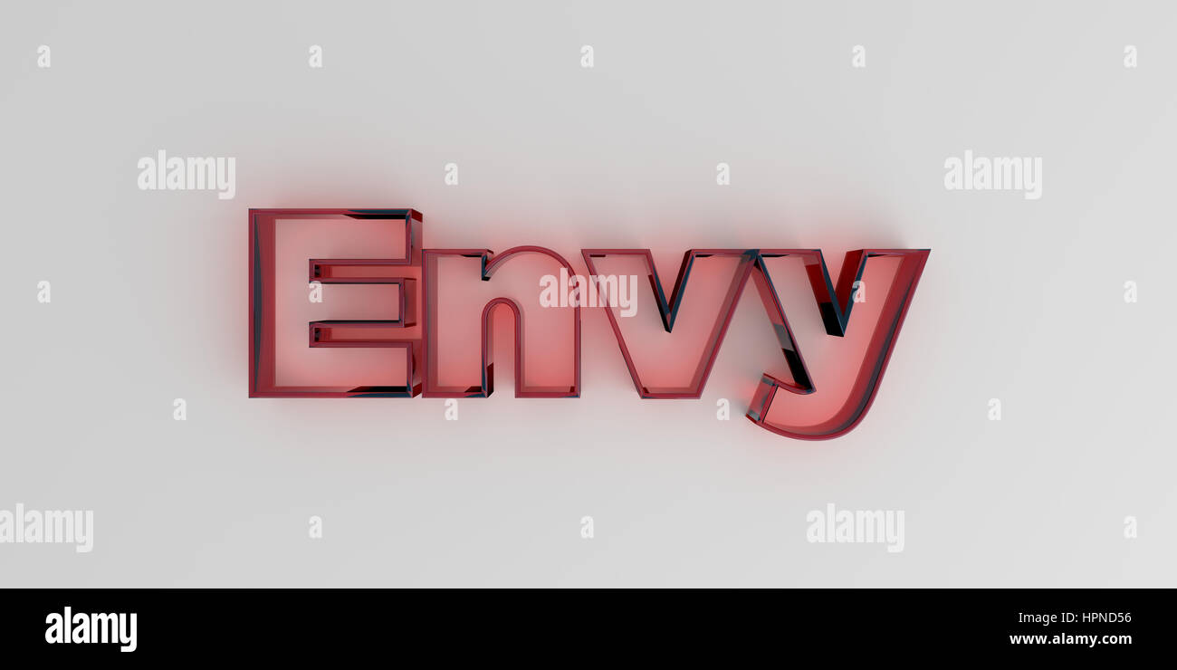 Envy - Red glass text on white background - 3D rendered royalty free ...