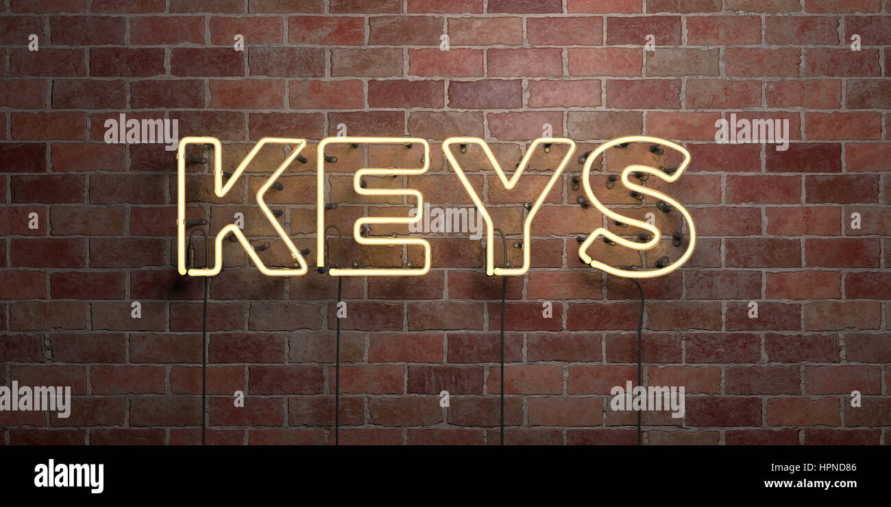 KEYS - fluorescent Neon tube Sign on brickwork - Front view - 3D ...