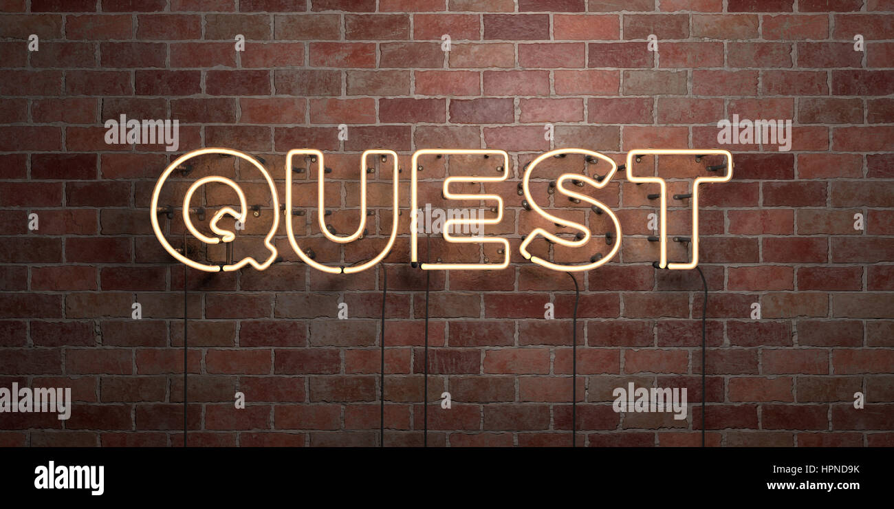 QUEST - fluorescent Neon tube Sign on brickwork - Front view - 3D ...