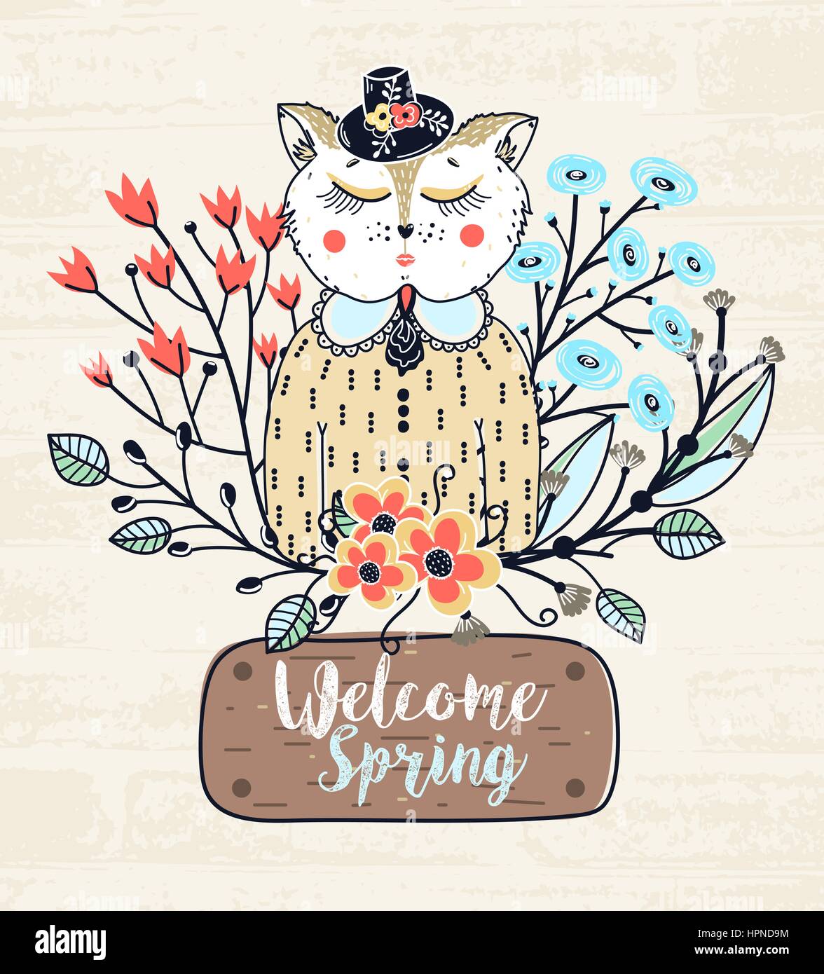 Welcome spring. Colorful greeting background with cute cat in flowers ...