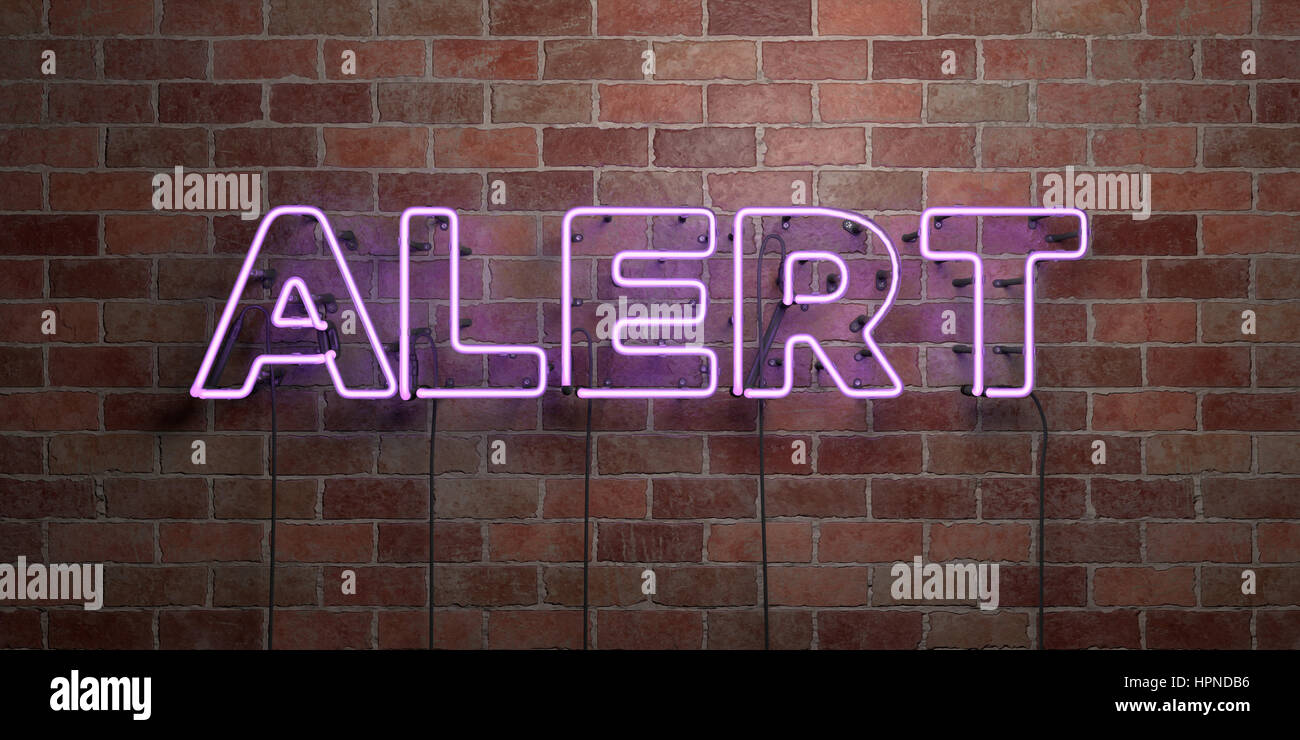 ALERT - fluorescent Neon tube Sign on brickwork - Front view - 3D ...