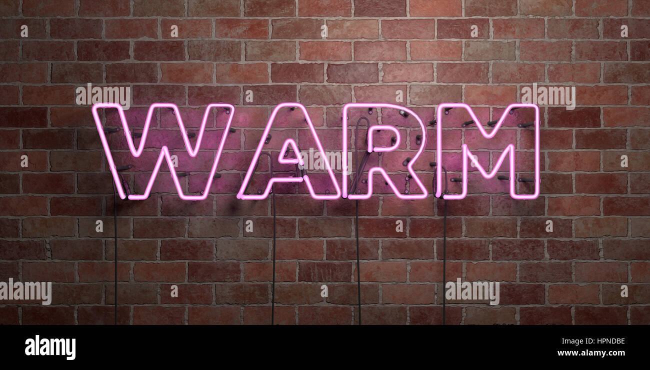 WARM - fluorescent Neon tube Sign on brickwork - Front view - 3D ...