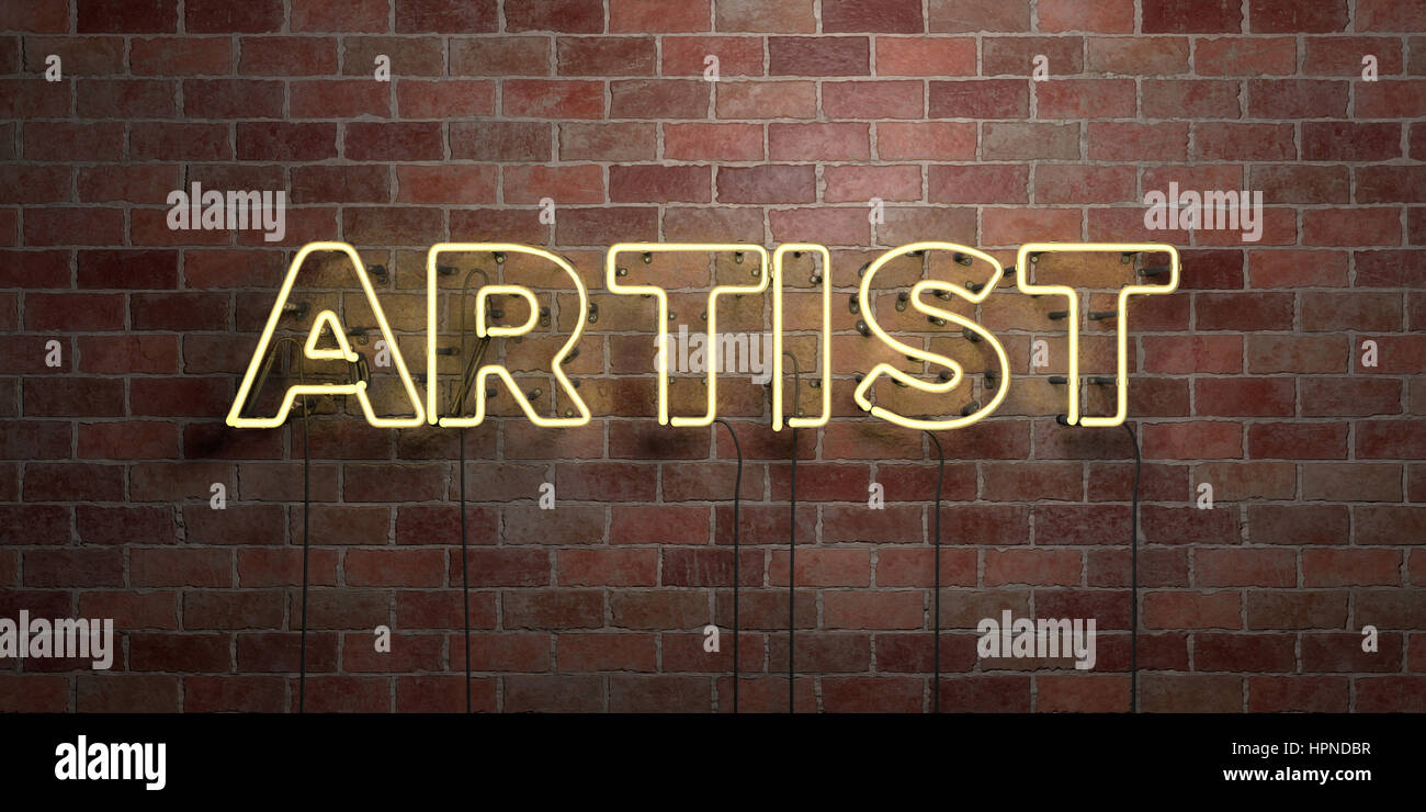 ARTIST - fluorescent Neon tube Sign on brickwork - Front view - 3D ...
