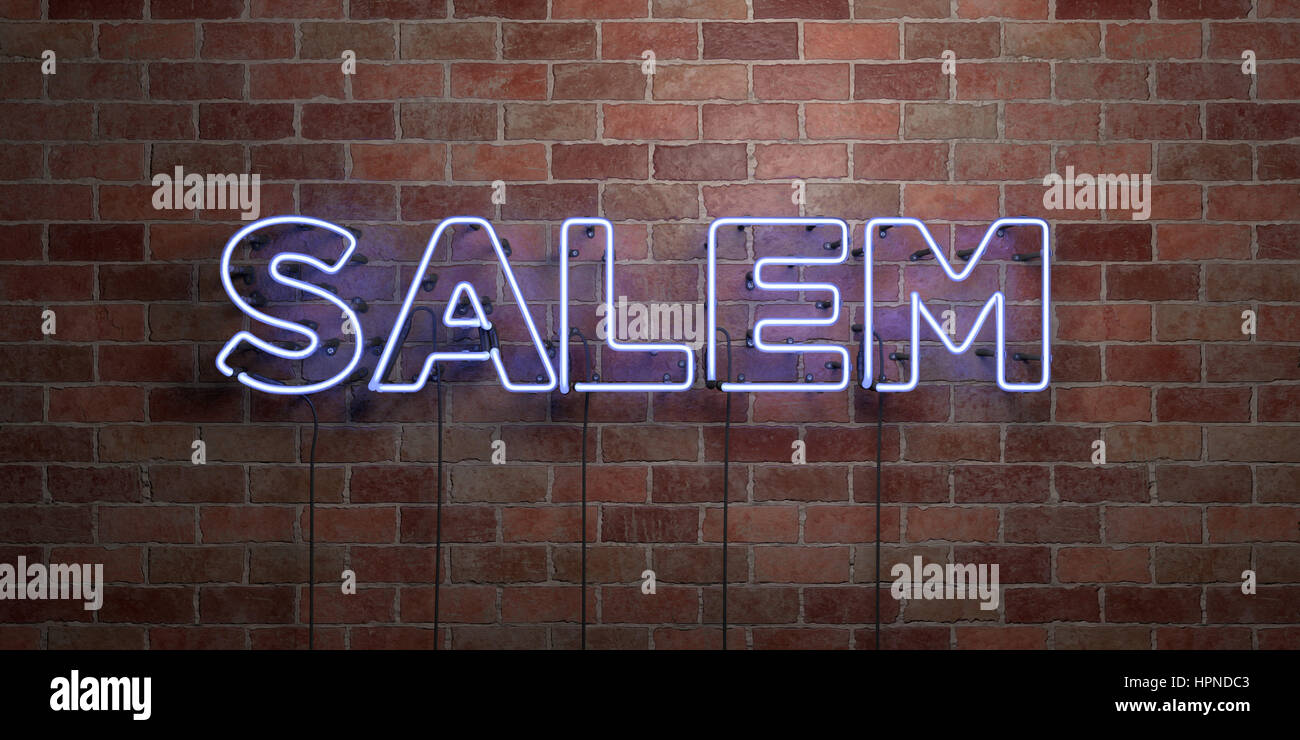 SALEM - fluorescent Neon tube Sign on brickwork - Front view - 3D ...
