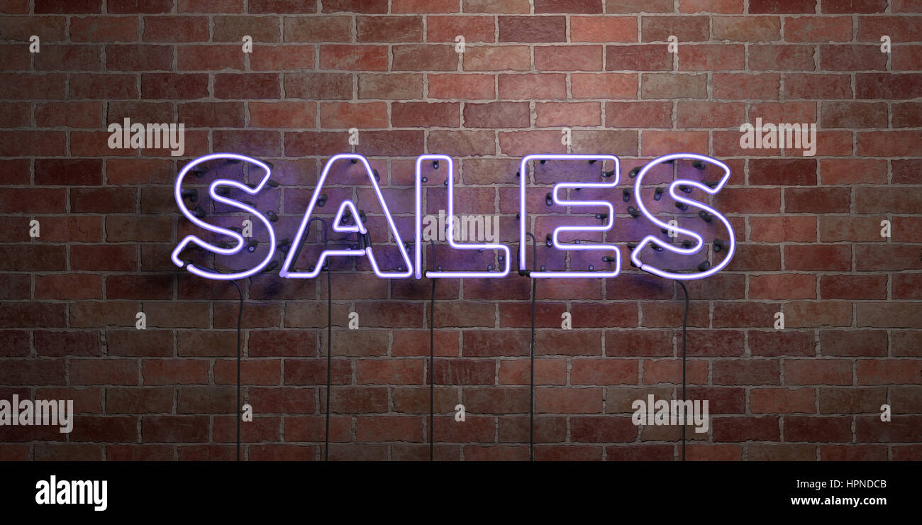 SALES - fluorescent Neon tube Sign on brickwork - Front view - 3D ...