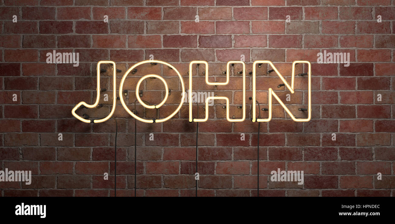 JOHN - fluorescent Neon tube Sign on brickwork - Front view - 3D ...