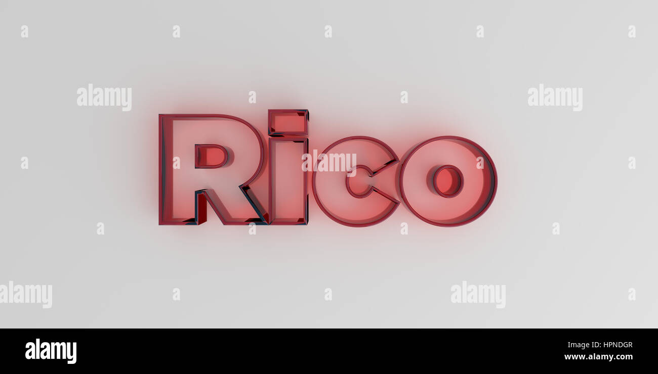 Rico - Red glass text on white background - 3D rendered royalty free ...