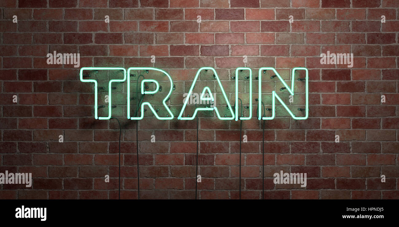 TRAIN - fluorescent Neon tube Sign on brickwork - Front view - 3D ...