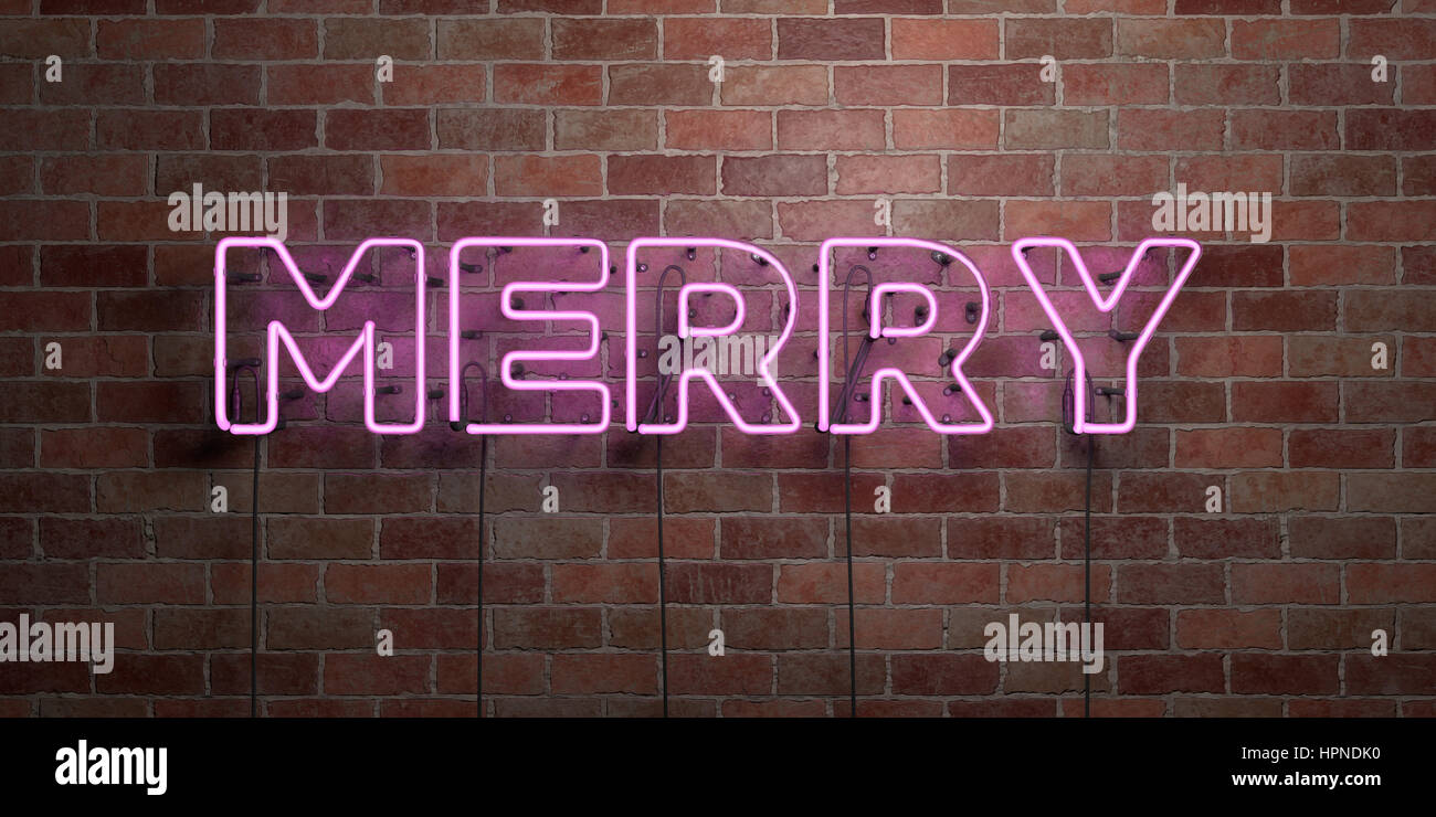 MERRY - fluorescent Neon tube Sign on brickwork - Front view - 3D ...