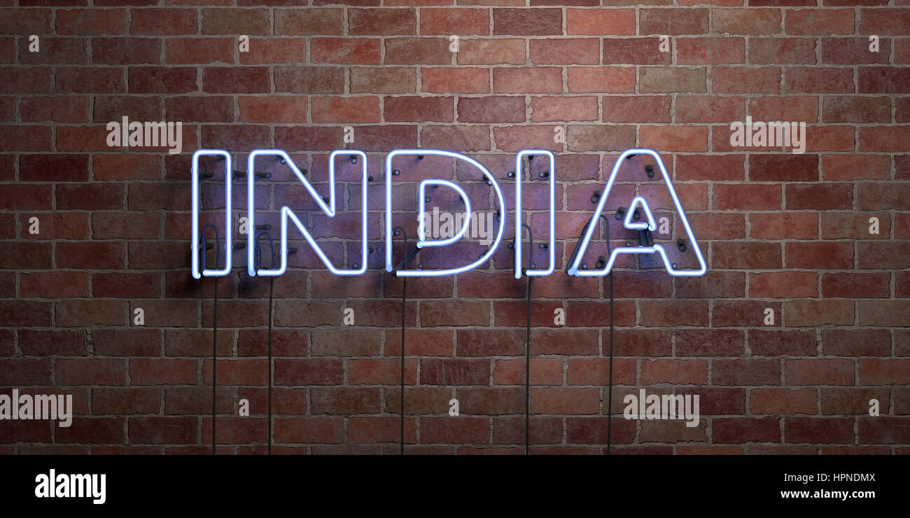 INDIA - fluorescent Neon tube Sign on brickwork - Front view - 3D ...