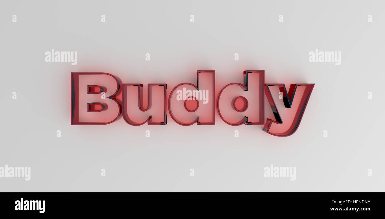Buddy - Red glass text on white background - 3D rendered royalty free ...