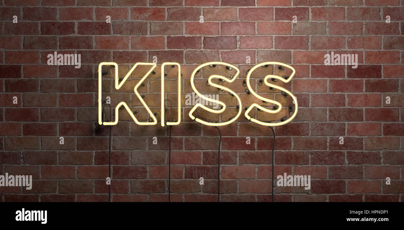 KISS - fluorescent Neon tube Sign on brickwork - Front view - 3D ...