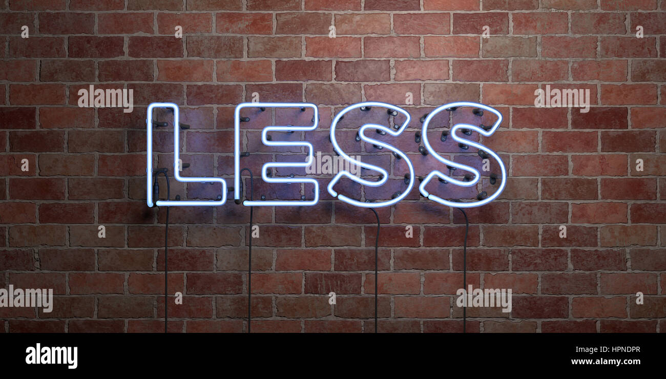 LESS - fluorescent Neon tube Sign on brickwork - Front view - 3D ...
