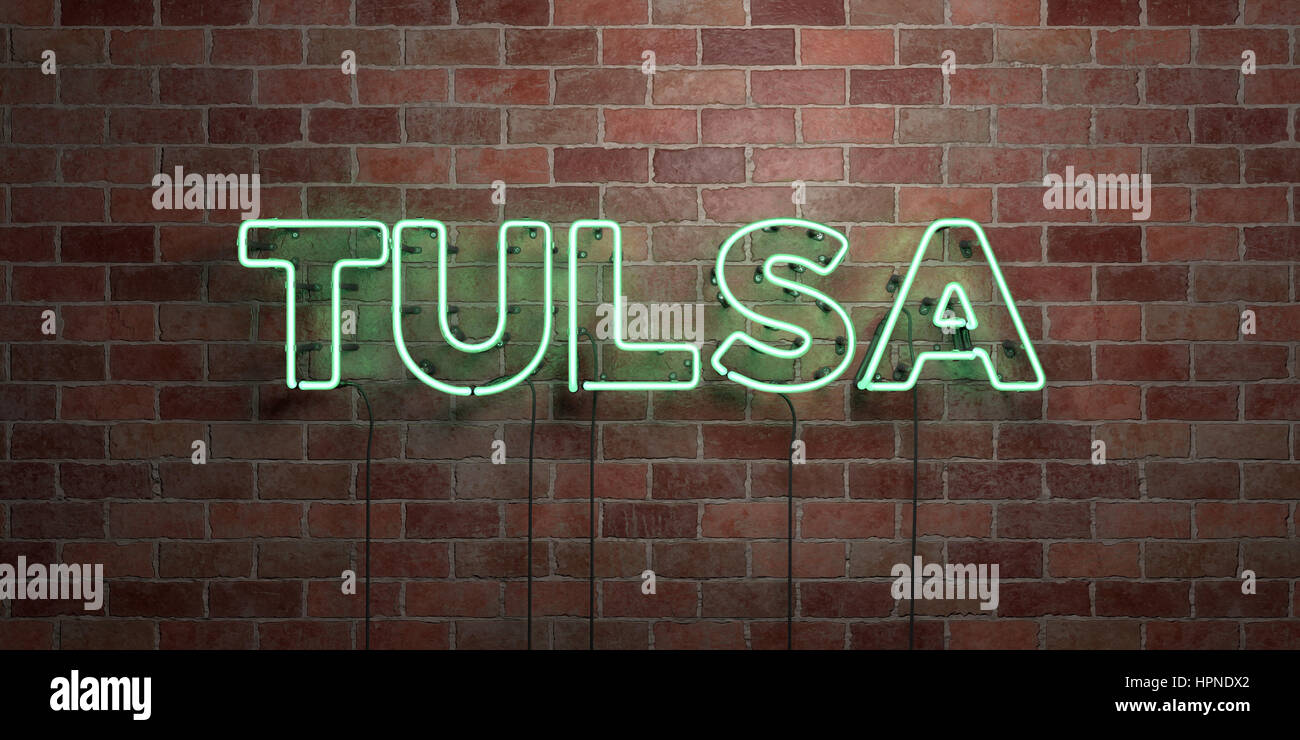 TULSA - fluorescent Neon tube Sign on brickwork - Front view - 3D ...