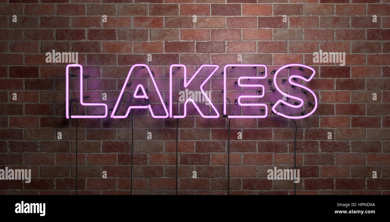 LAKES - fluorescent Neon tube Sign on brickwork - Front view - 3D ...