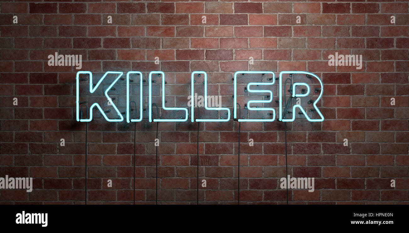 KILLER - fluorescent Neon tube Sign on brickwork - Front view - 3D ...