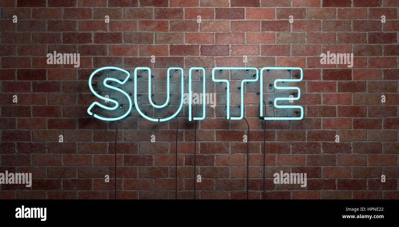 SUITE - fluorescent Neon tube Sign on brickwork - Front view - 3D ...