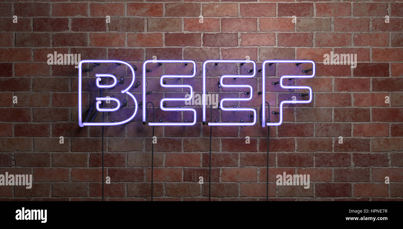 BEEF - fluorescent Neon tube Sign on brickwork - Front view - 3D ...