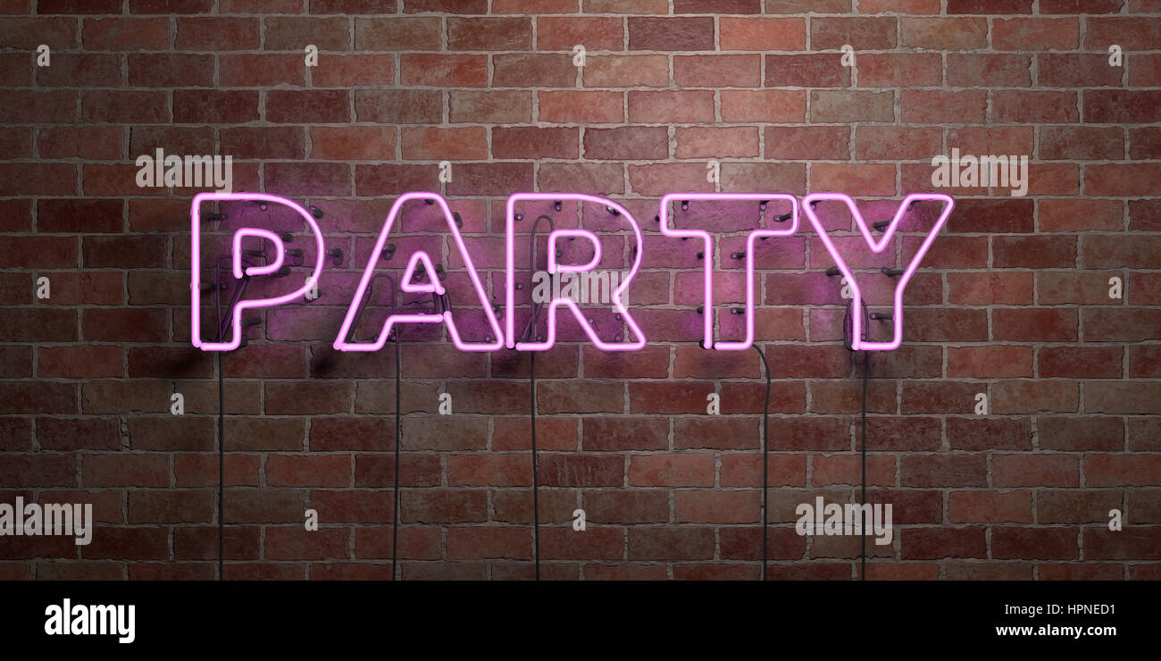 PARTY - fluorescent Neon tube Sign on brickwork - Front view - 3D ...