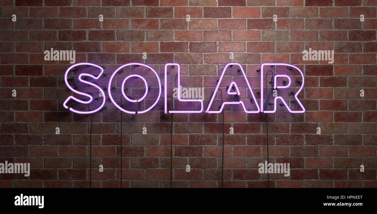 SOLAR - fluorescent Neon tube Sign on brickwork - Front view - 3D ...