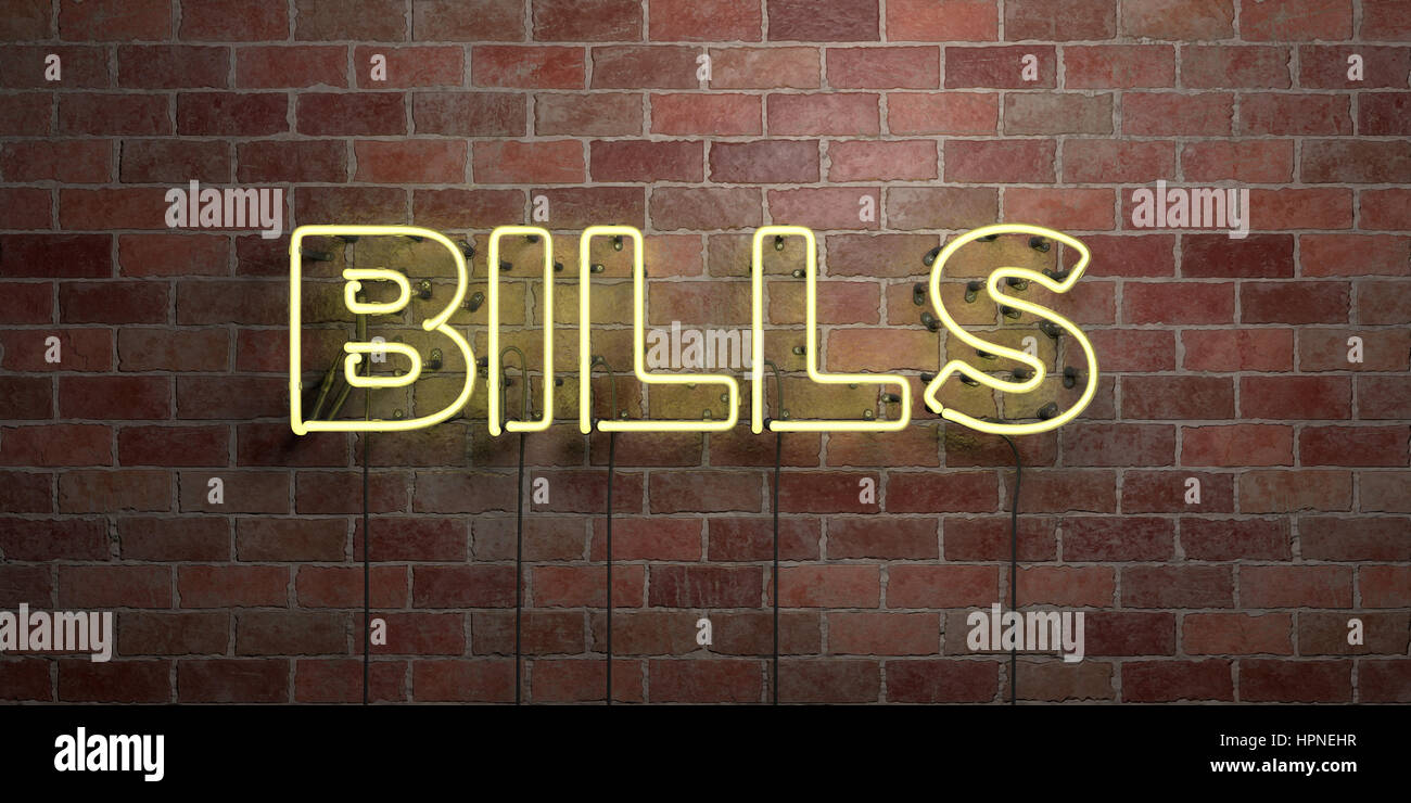 BILLS - fluorescent Neon tube Sign on brickwork - Front view - 3D ...