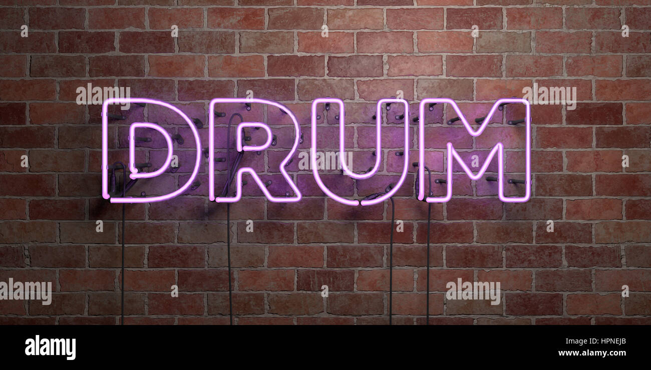 DRUM - fluorescent Neon tube Sign on brickwork - Front view - 3D ...