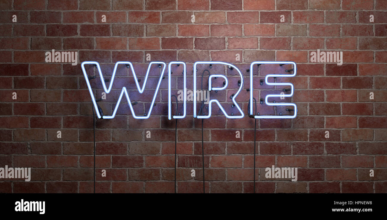 WIRE - fluorescent Neon tube Sign on brickwork - Front view - 3D ...
