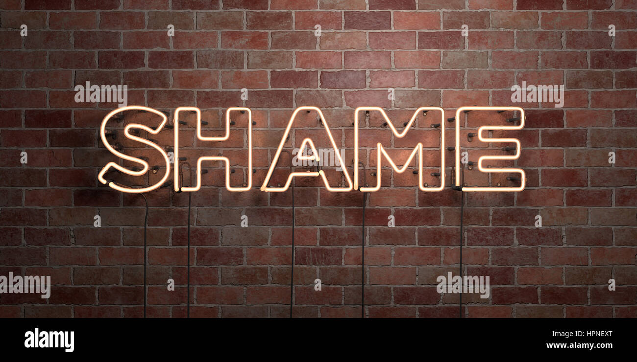 SHAME - fluorescent Neon tube Sign on brickwork - Front view - 3D ...