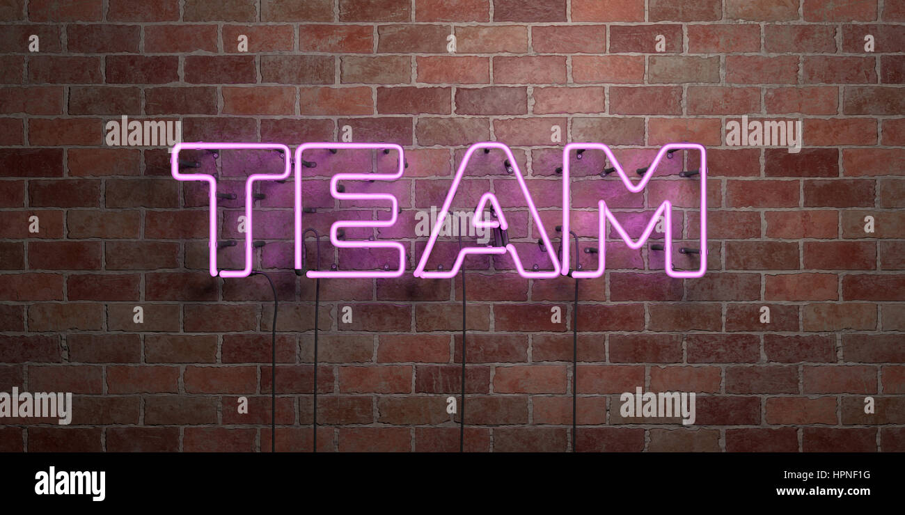 TEAM - fluorescent Neon tube Sign on brickwork - Front view - 3D ...