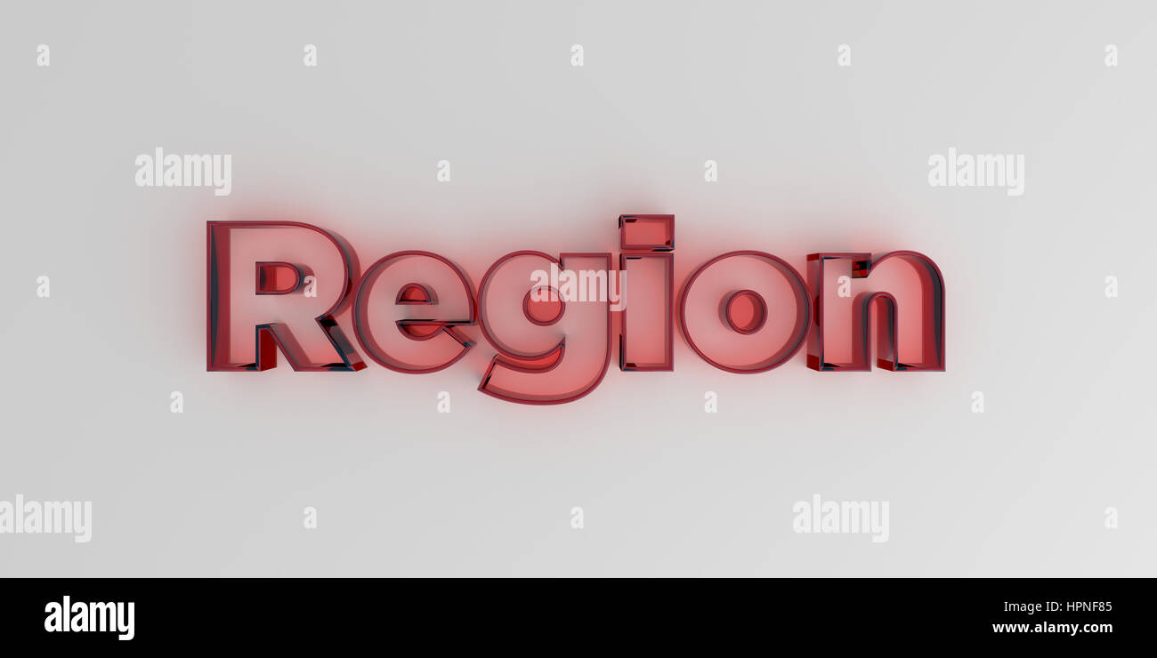 Region - Red glass text on white background - 3D rendered royalty free ...