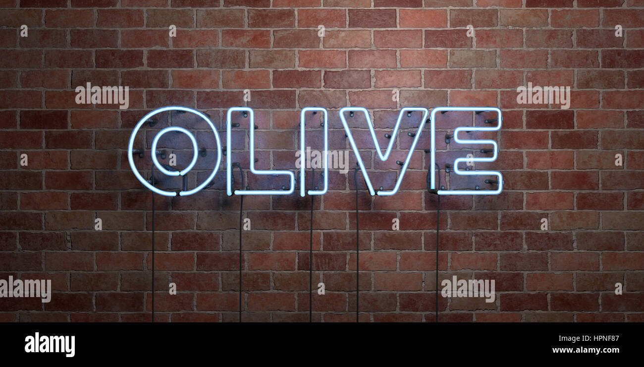 OLIVE - fluorescent Neon tube Sign on brickwork - Front view - 3D ...
