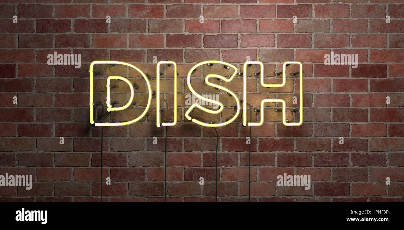 DISH - fluorescent Neon tube Sign on brickwork - Front view - 3D ...