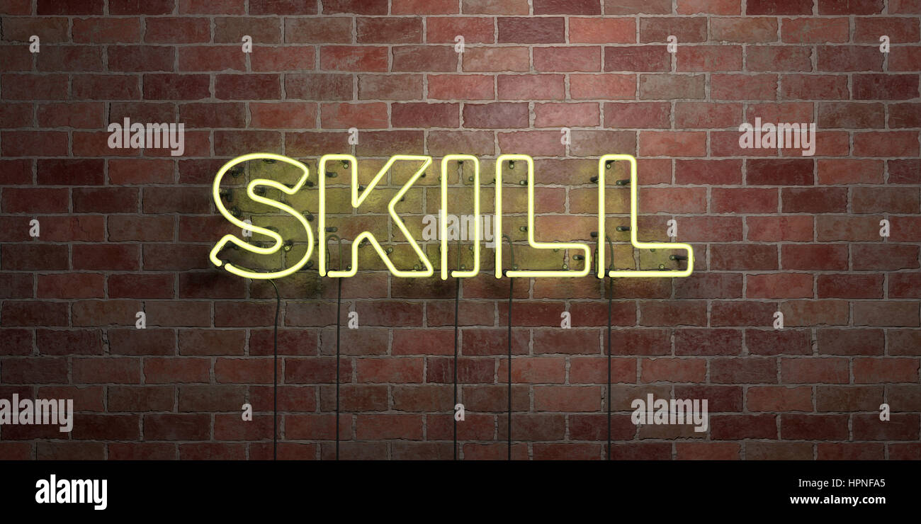 SKILL - fluorescent Neon tube Sign on brickwork - Front view - 3D ...