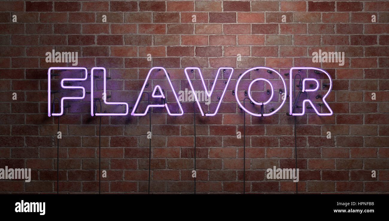 FLAVOR - fluorescent Neon tube Sign on brickwork - Front view - 3D ...