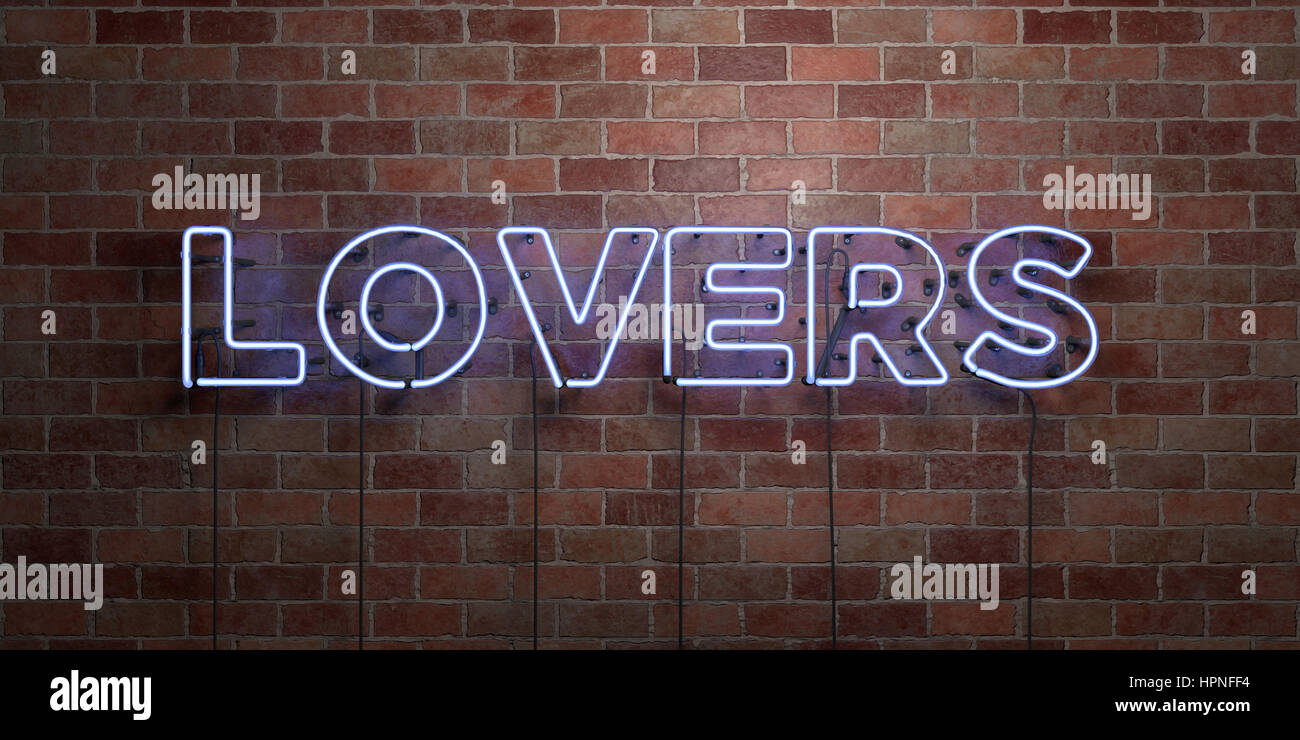 LOVERS - fluorescent Neon tube Sign on brickwork - Front view - 3D ...